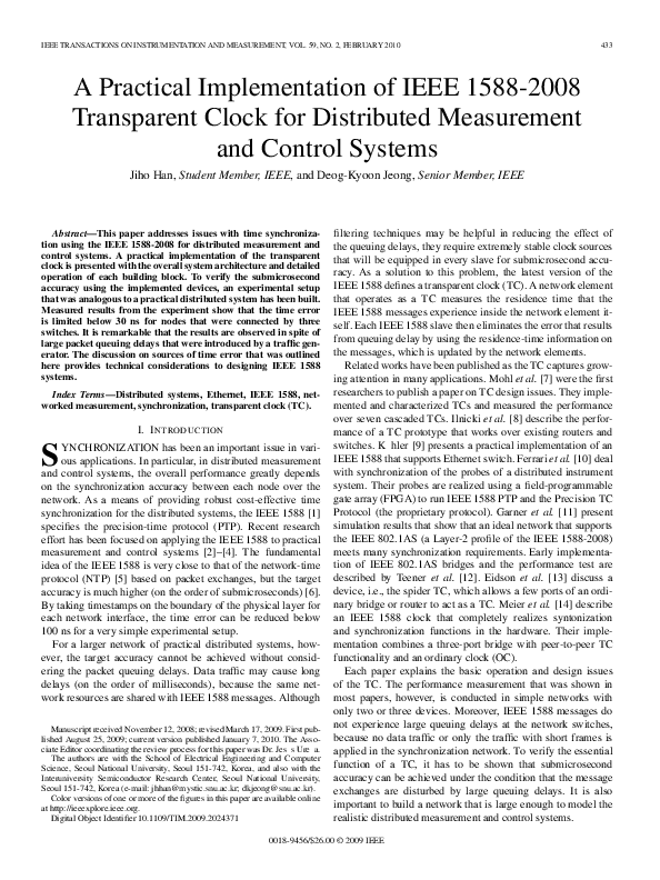 (PDF) A Practical Implementation of IEEE 1588-2008 Transparent Clock for Distributed Measurement ...