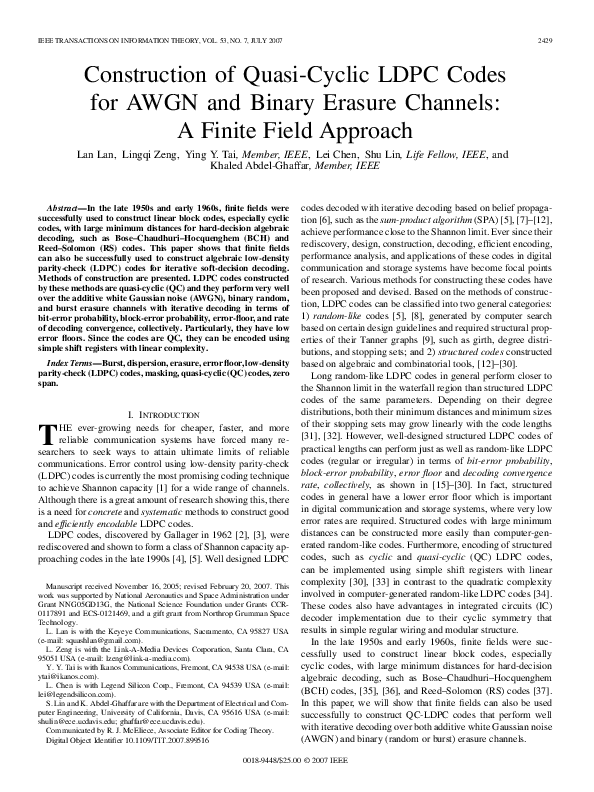 (PDF) Construction of Quasi-Cyclic LDPC Codes for AWGN and Binary Erasure Channels: A Finite ...