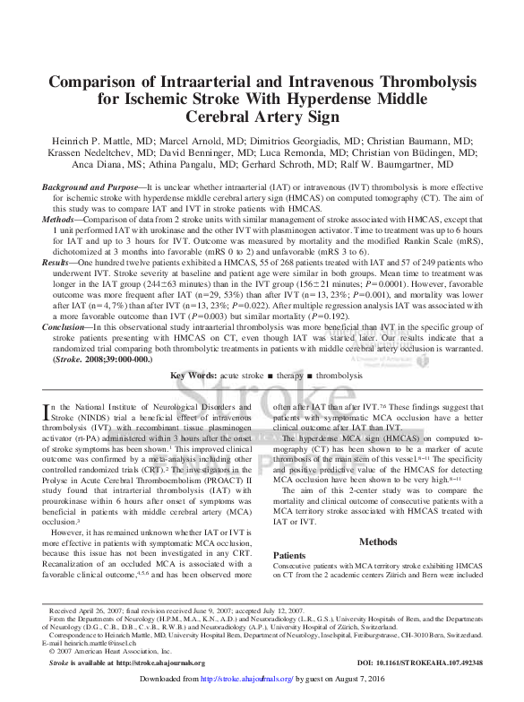 (PDF) Comparison of Intraarterial and Intravenous Thrombolysis for Ischemic Stroke With ...