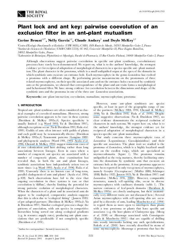 (PDF) Plant lock and ant key: pairwise coevolution of an exclusion ...