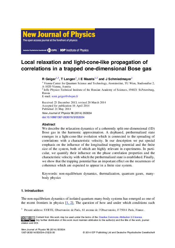 Pdf Local Relaxation And Light Cone Like Propagation Of Correlations In A Trapped One