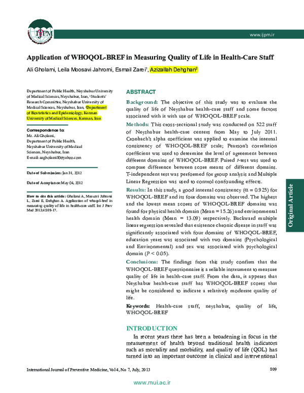 (PDF) Application of WHOQOL-BREF in Measuring Quality of Life in Health ...