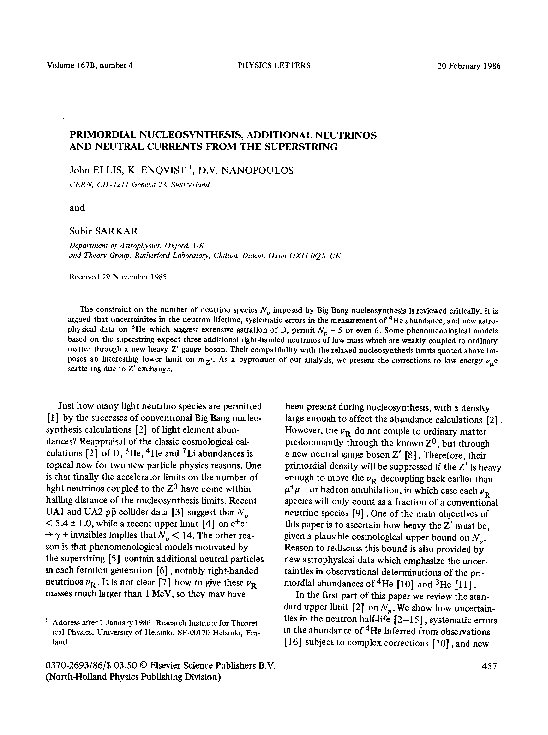 (PDF) Primodal nucleosynthesis, additional neutrinos and neutral ...