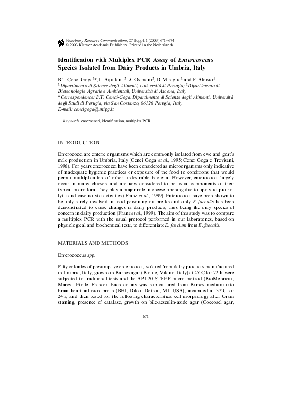 (PDF) Identification with Multiplex PCR Assay of Enterococcus Species Isolated from Dairy ...