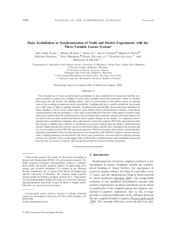 Pdf Data Assimilation As Synchronization Of Truth And Model Experiments With The Three