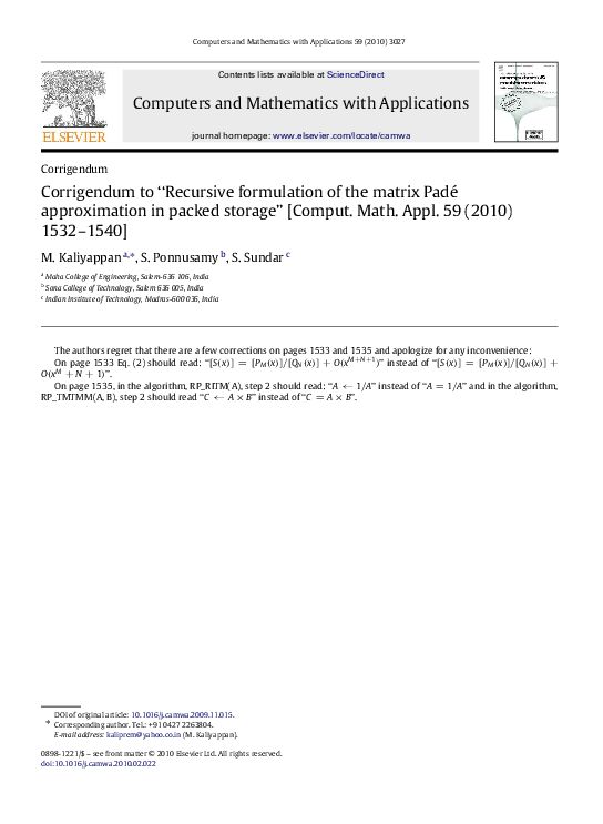 (PDF) Corrigendum to "Recursive formulation of the matrix Padé approximation in packed storage