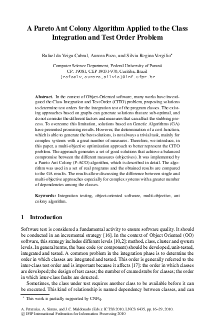 Pdf A Pareto Ant Colony Algorithm Applied To The Class Integration And Test Order Problem