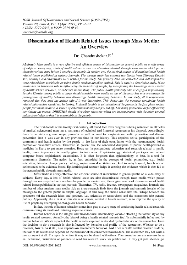 (PDF) Dissemination of Health Related Issues through Mass Media: An ...