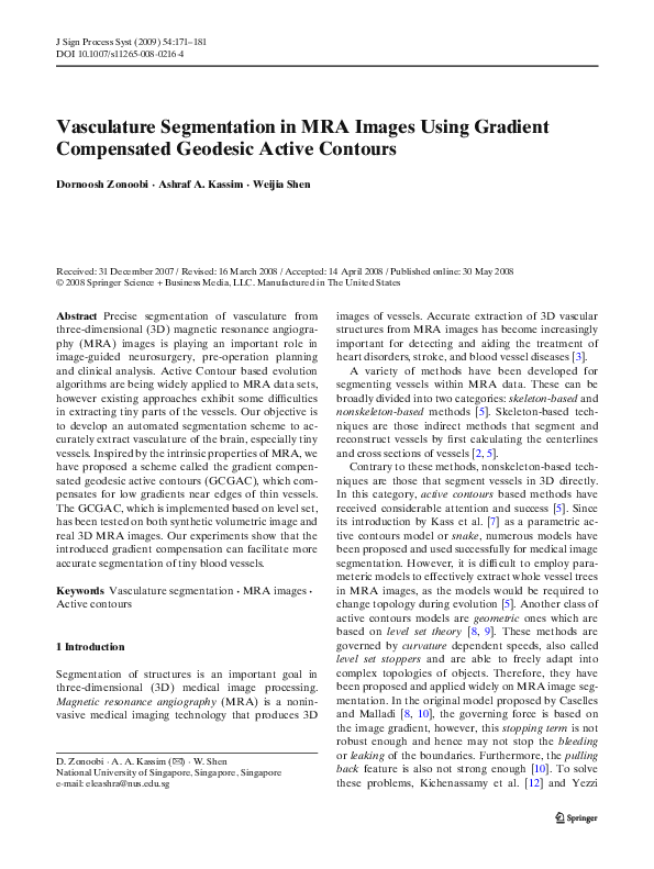 (PDF) Vasculature Segmentation in MRA Images Using Gradient Compensated Geodesic Active Contours
