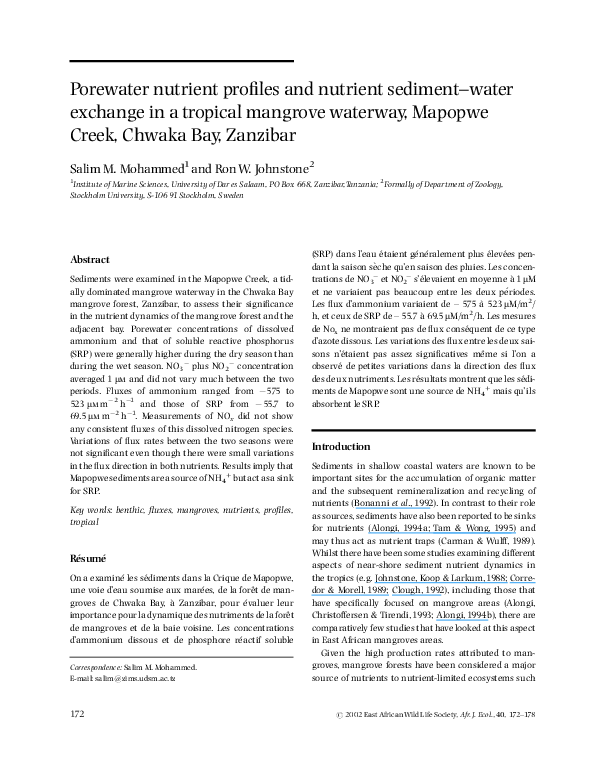 (PDF) Porewater nutrient profiles and nutrient sediment-water exchange ...