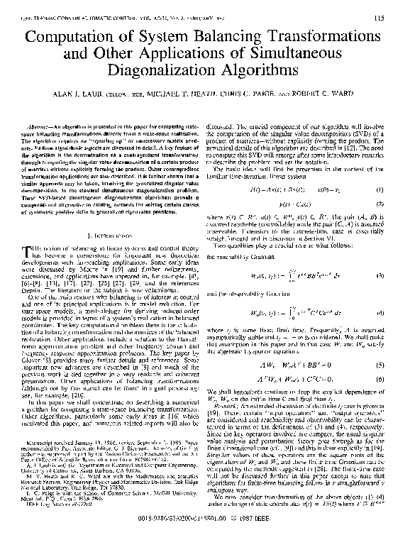 Pdf Computation Of System Balancing Transformations And Other Applications Of Simultaneous