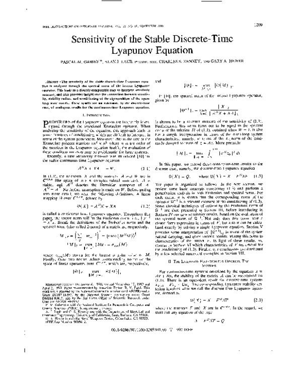 (PDF) Sensitivity of the stable discrete-time Lyapunov equation