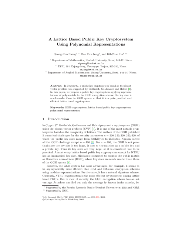 Pdf A Lattice Based Public Key Cryptosystem Using Polynomial