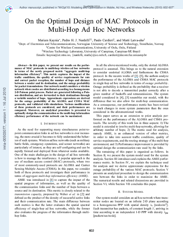 Pdf On The Optimal Design Of Mac Protocols In Multi Hop Ad Hoc Networks