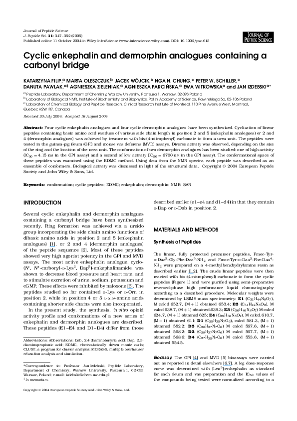(PDF) Cyclic enkephalin and dermorphin analogues containing a carbonyl ...