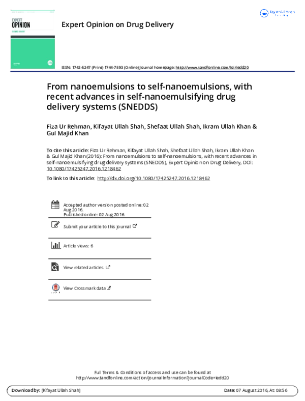 Pdf Expert Opinion On Drug Delivery From Nanoemulsions To Self Nanoemulsions With Recent