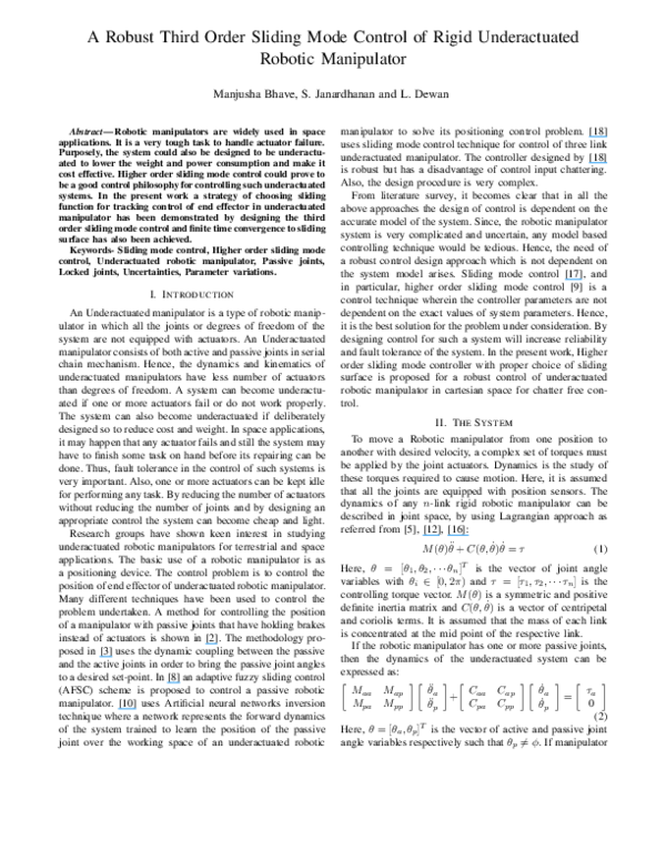 Pdf A Robust Third Order Sliding Mode Control Of Rigid Underactuated Robotic Manipulator