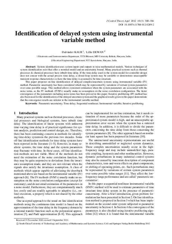 (PDF) Identification of delayed system using instrumental variable method