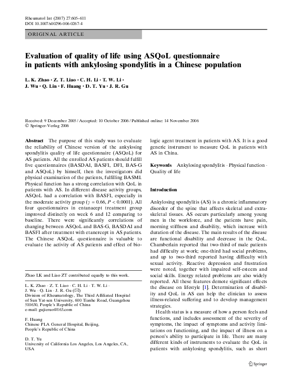 (PDF) Evaluation of quality of life using ASQoL questionnaire in patients with ankylosing ...