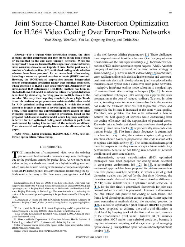 (PDF) Joint Source-Channel Rate-Distortion Optimization for H.264 Video Coding Over Error-Prone ...