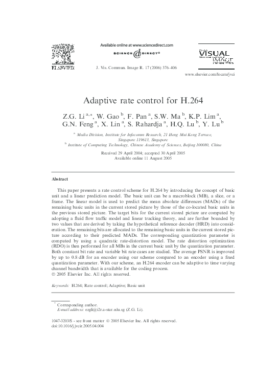 (PDF) Adaptive rate control for H.264