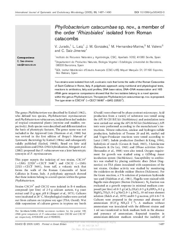 (PDF) Phyllobacterium catacumbae sp. nov., a member of the order ...