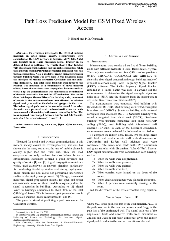 Pdf Path Loss Prediction Model For Gsm Fixed Wireless Access