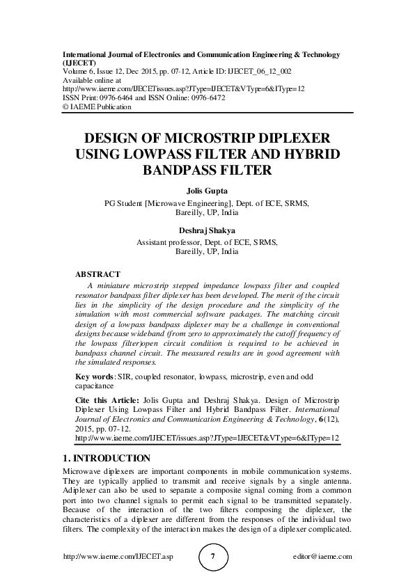 (PDF) DESIGN OF MICROSTRIP DIPLEXER USING LOWPASS FILTER AND HYBRID BANDPASS FILTER