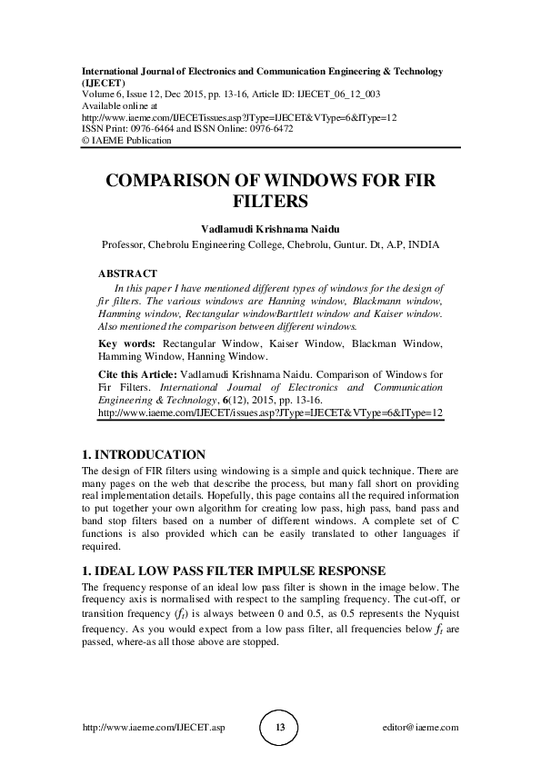 (PDF) COMPARISON OF WINDOWS FOR FIR FILTERS