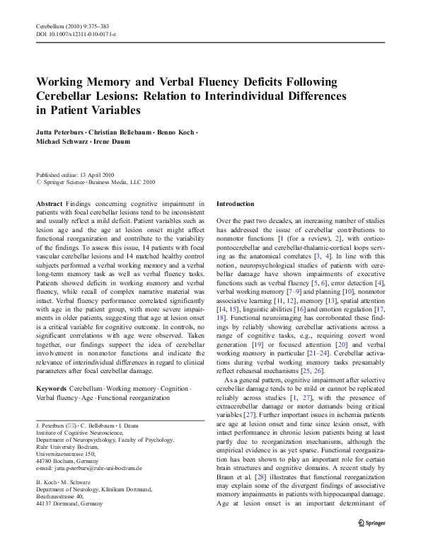 (PDF) Working Memory and Verbal Fluency Deficits Following Cerebellar ...