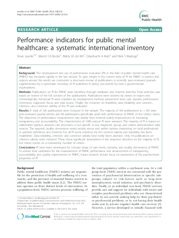(PDF) Performance indicators for public mental healthcare: a systematic ...