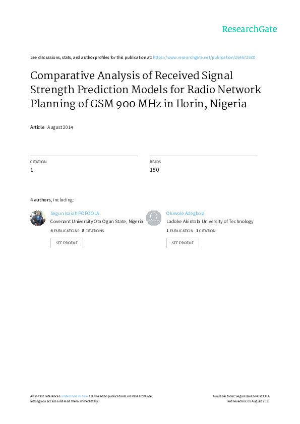 (PDF) Comparative Analysis of Received Signal Strength Prediction Models for Radio Network ...