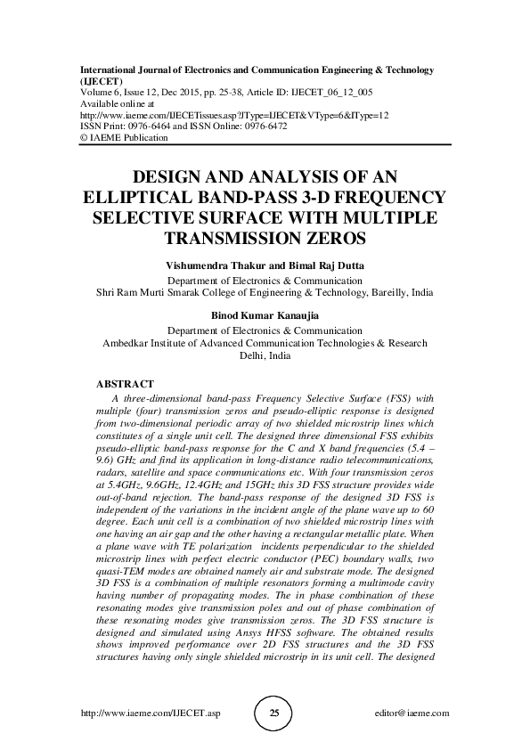 (PDF) DESIGN AND ANALYSIS OF AN ELLIPTICAL BAND-PASS 3-D FREQUENCY SELECTIVE SURFACE WITH ...
