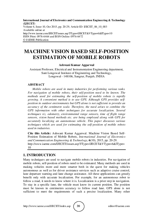 Pdf Machine Vision Based Self Position Estimation Of Mobile Robots