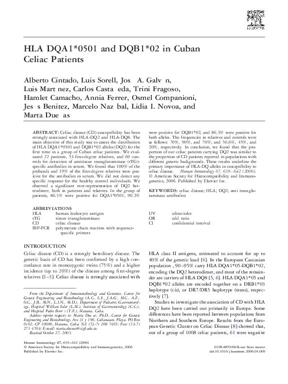 (PDF) HLA DQA1*0501 and DQB1*02 in Cuban Celiac Patients