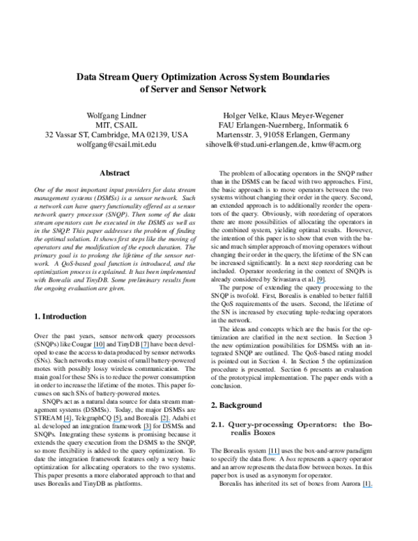(PDF) Data stream query optimization across system boundaries of server and sensor network