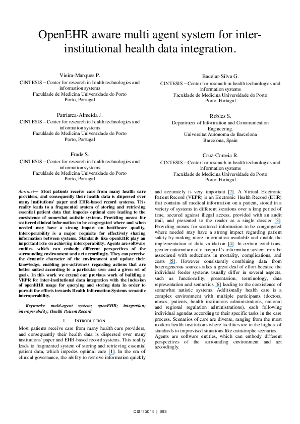 (PDF) OpenEHR aware multi agent system for inter-institutional health data integration