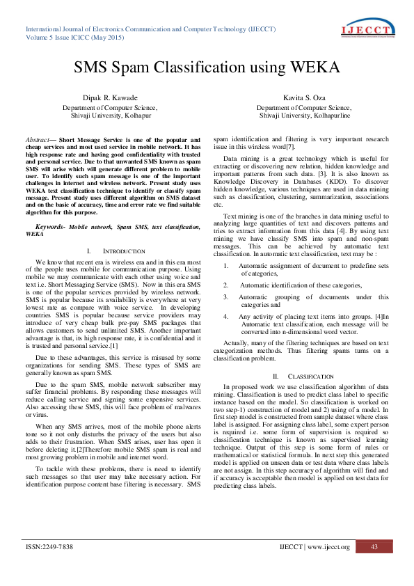 (PDF) SMS Spam Classification using WEKA