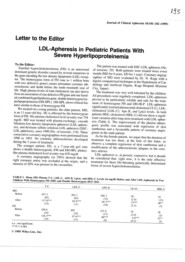 (PDF) LDL-apheresis in pediatric patients with severe hyperlipoproteinemia