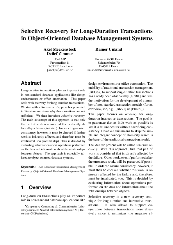 (PDF) Selective Recovery for Long-Duration Transactions in Object-Oriented Database Management ...