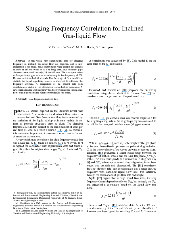 (PDF) Slugging Frequency Correlation for Inclined Gas-liquid Flow