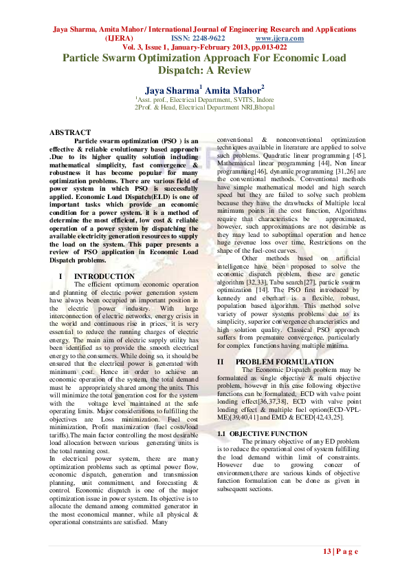 (PDF) Particle Swarm Optimization Approach For Economic Load Dispatch: A Review