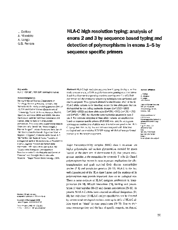 (PDF) HLA-C high resolution typing: analysis of exons 2 and 3 by sequence based typing and ...