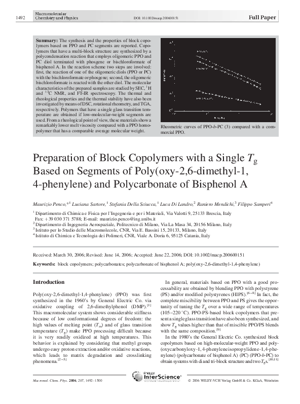 (PDF) Preparation of Block Copolymers with a SingleTg Based on Segments of Poly(oxy-2,6-dimethyl ...