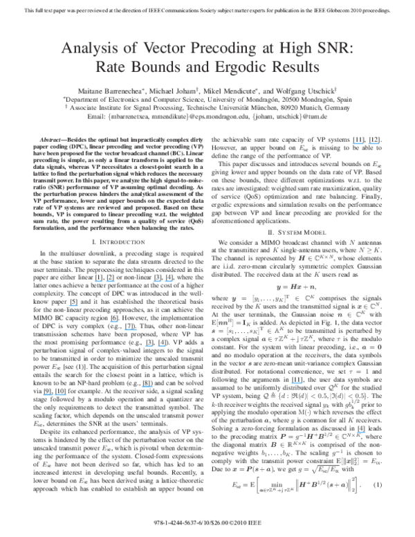 (PDF) Analysis of Vector Precoding at High SNR: Rate Bounds and Ergodic ...