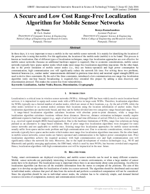 Pdf A Secure And Low Cost Range Free Localization Algorithm For