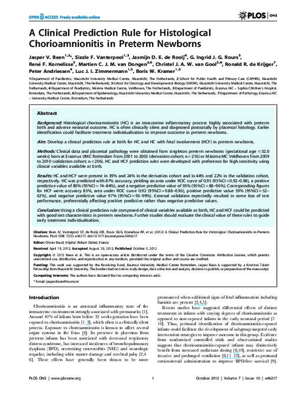 (PDF) A Clinical Prediction Rule for Histological Chorioamnionitis in Preterm Newborns