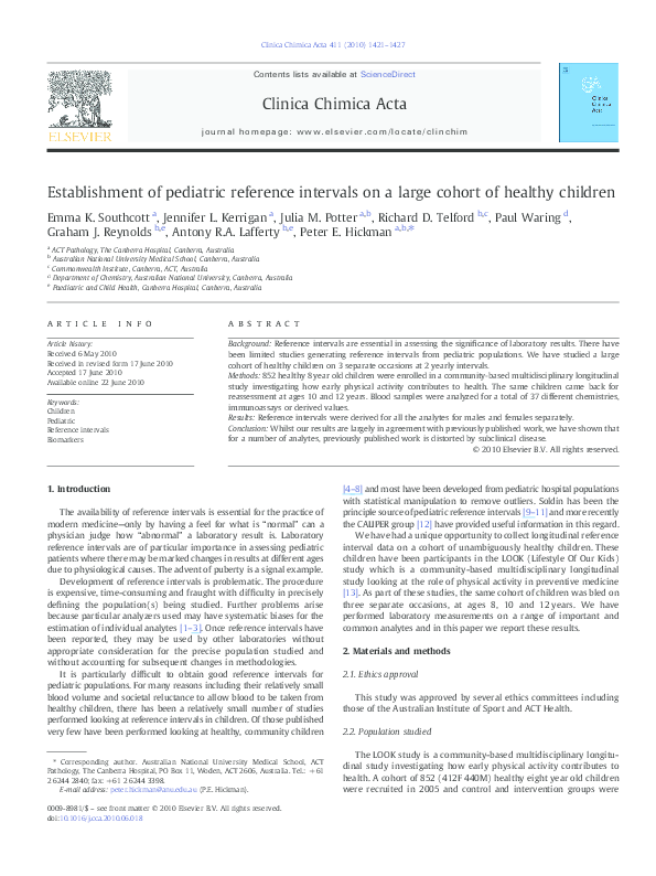(PDF) Establishment of pediatric reference intervals on a large cohort ...