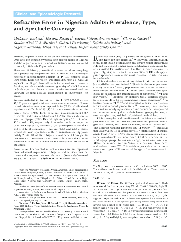 Pdf Refractive Error In Nigerian Adults Prevalence Type And 7537
