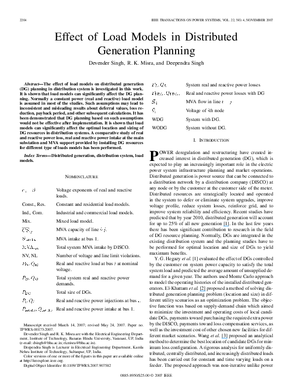 Pdf Effect Of Load Models In Distributed Generation Planning
